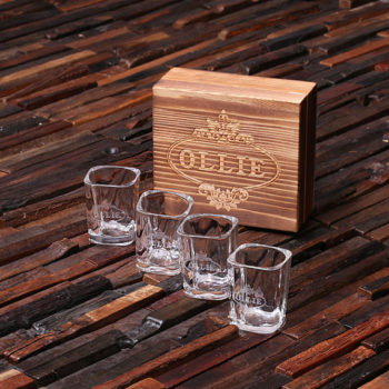 Four Personalized Shot Glass Gift Set & Keepsake Wood Gift Box - Teals ...