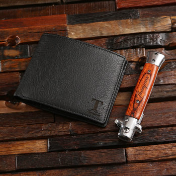 Personalized Groomsmen Leather Wallet & Switchblade Knife Set - Teals ...